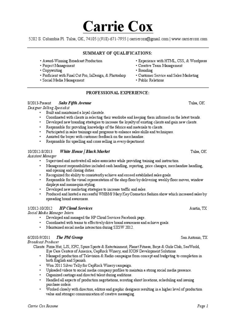 Carrie Cox Resume... | PDF | Social Media | Popular Culture & Media Studies