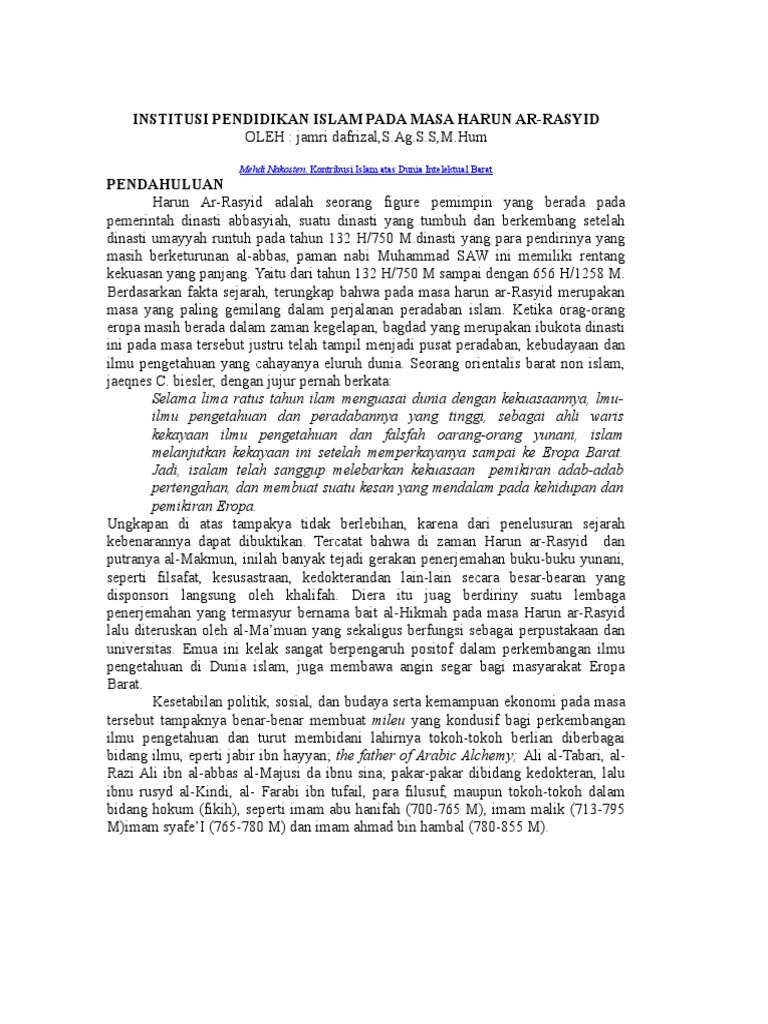 Institusi Pendidikan Islam Pada Masa Harun Ar-Rasyid | PDF