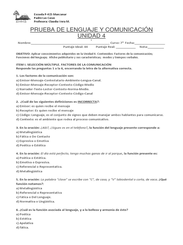 Prueba Unidad4 | PDF | Comunicación | Ciencia cognitiva