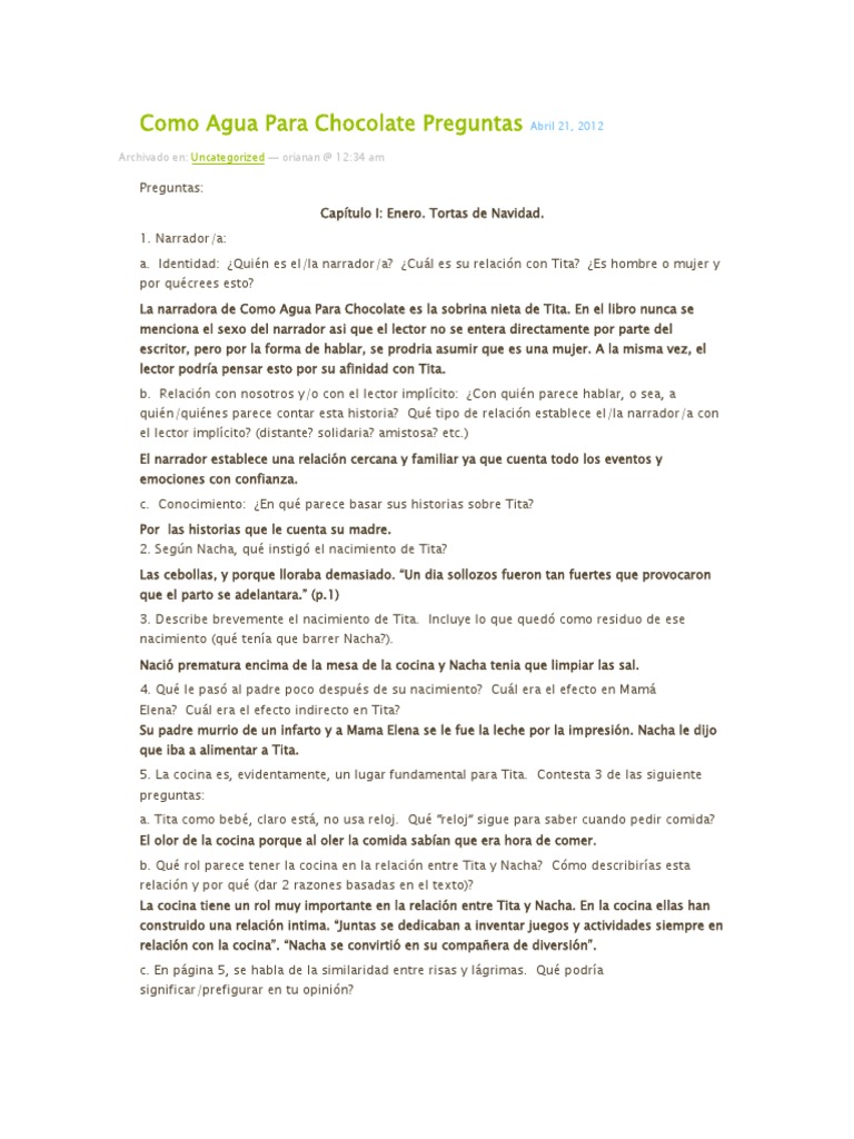Preguntas sobre "Como Agua Para Chocolate" | PDF | San Pedro | Felicidad