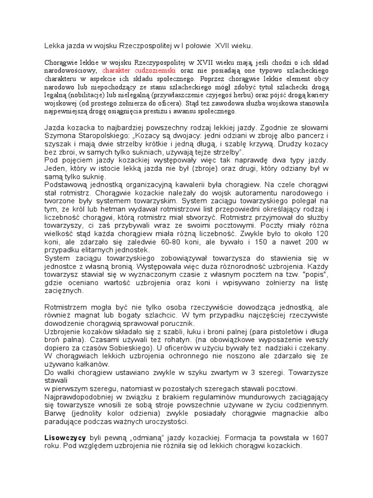 Lekka Jazda W Wojsku Rzeczpospolitej W I Połowie XVII Wieku | PDF