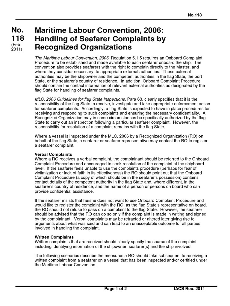 MLC Area 13 - Complaints - IACS - Rec. 118 - Handling of Seafarer ...