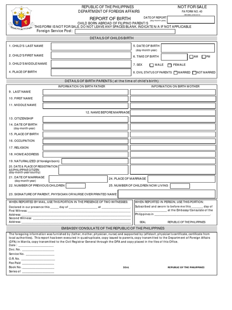 Report of Birth Form (FA Form No. 40) | PDF | Marriage | Philippines