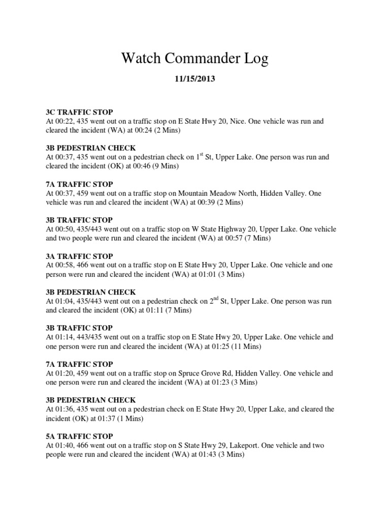 Watch Commander Log: Traffic Stops & Incidents | PDF | Traffic | Land ...
