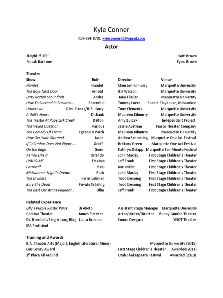 Actor Resume: Kyle Conner | PDF | Art | Mystery, Thriller & Crime Fiction