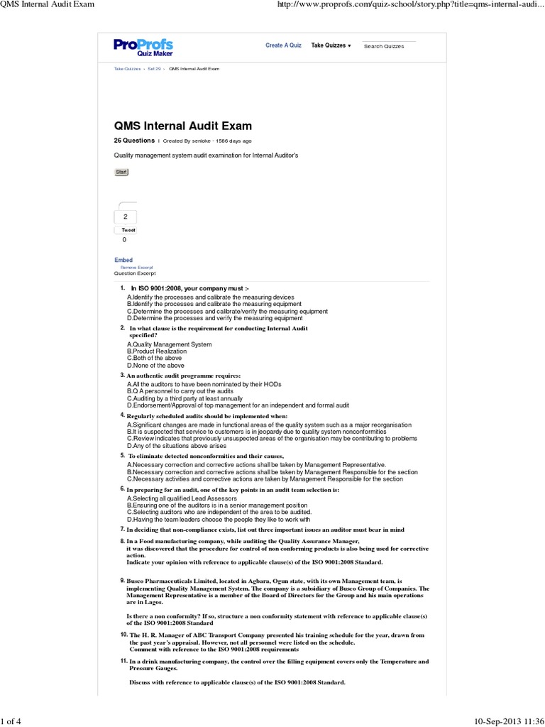 QMS Internal Audit Exam Quiz | PDF | Audit | Internal Audit