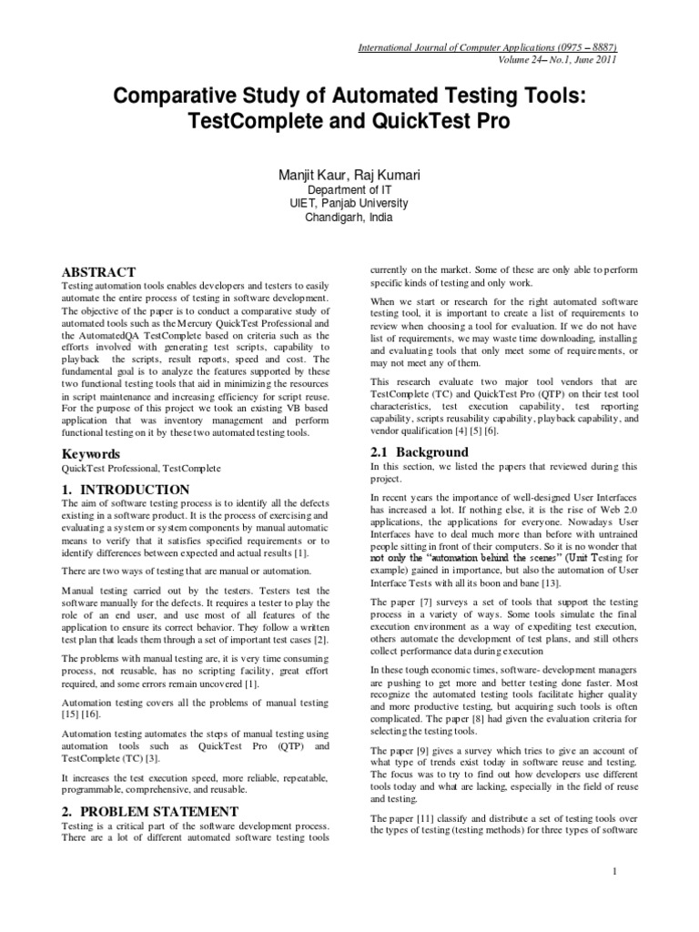 Testcomplete Vs Qtp Research Paper Pdf Microsoft Excel Software Testing 