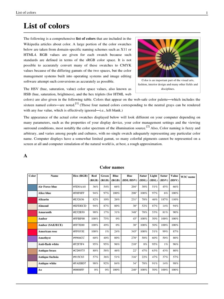 List of Colors | PDF | Hue | Art Materials