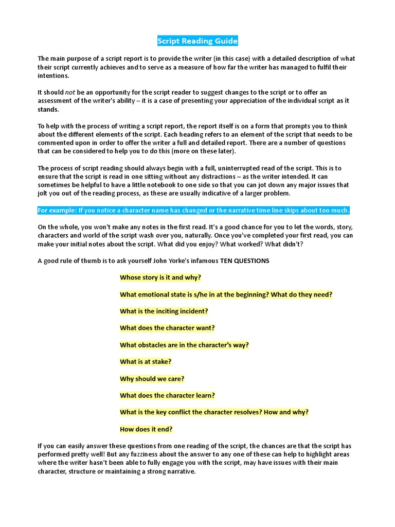 Script Reading Guide | PDF | Screenplay | Reading (Process)