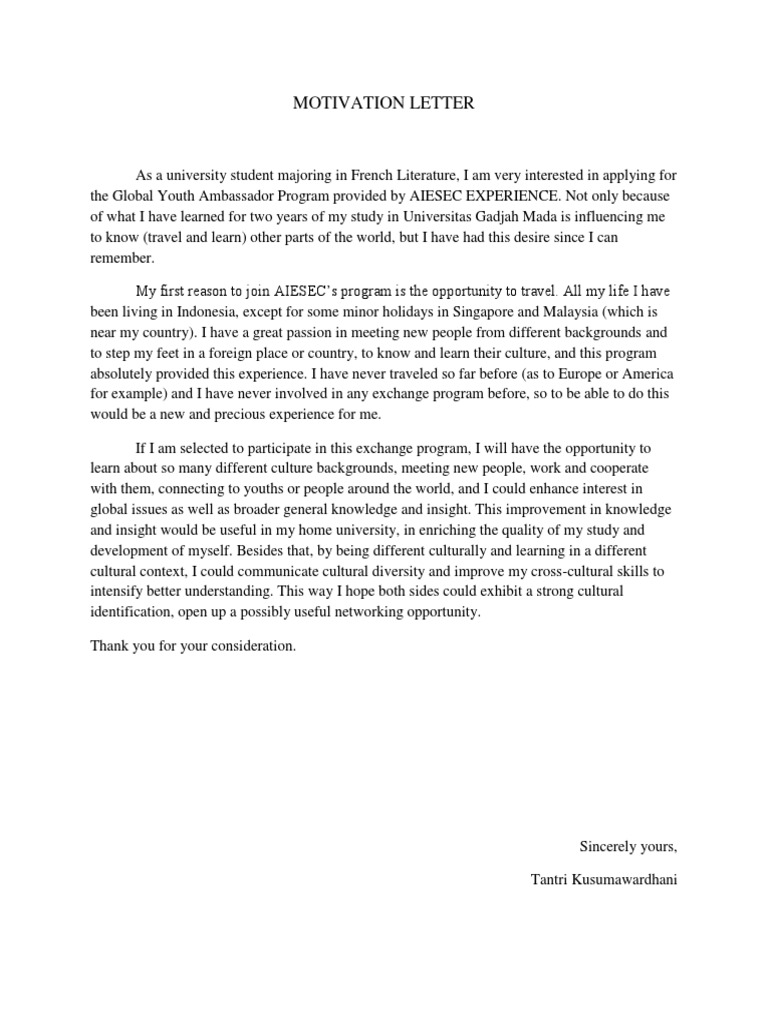 Motivation Letter for AIESEC Program | PDF