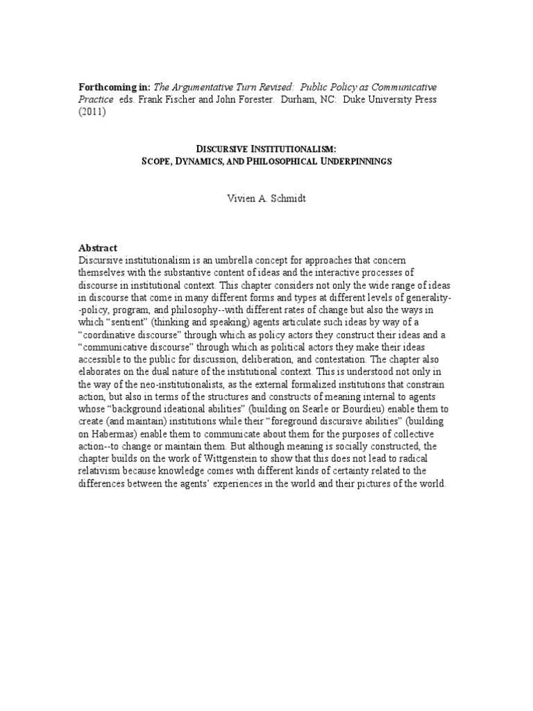 Vivien Schmidt 2012 Discursive Institutionalism | PDF | Discourse ...