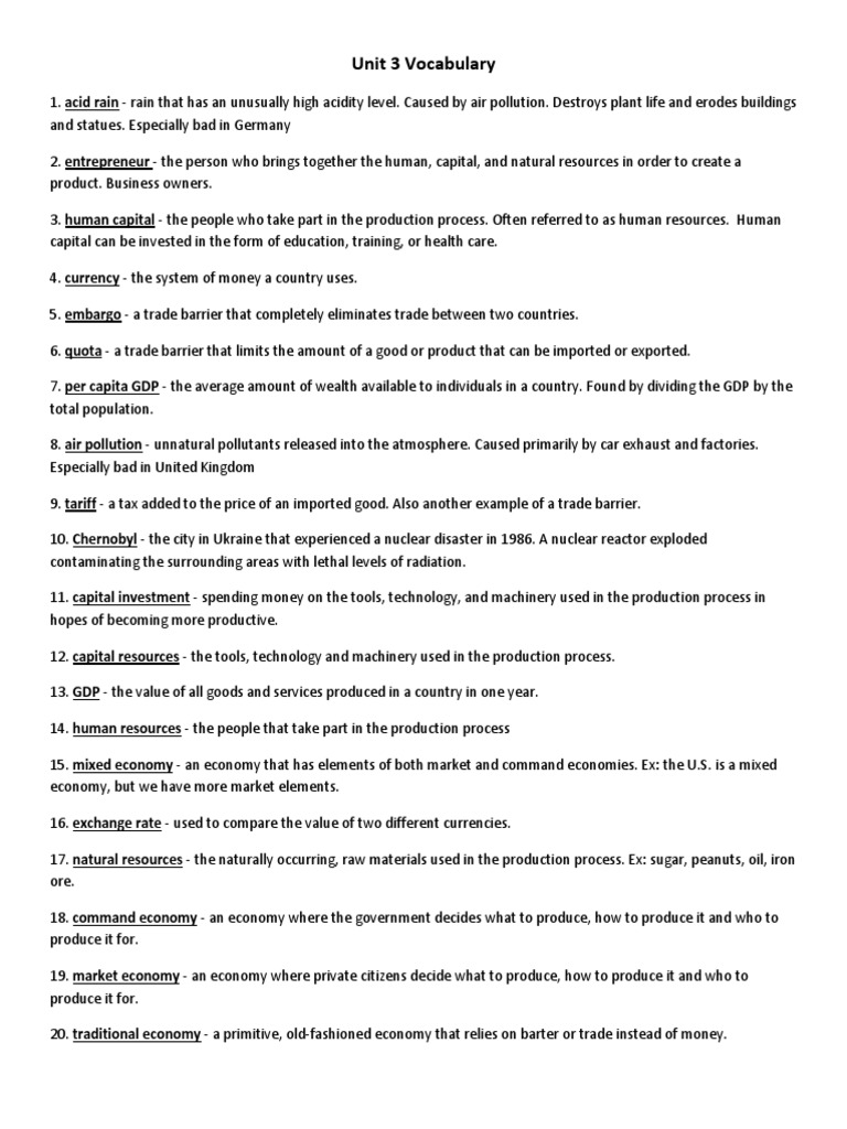 Unit 3 Vocabulary Test | PDF | Trade | Pollution