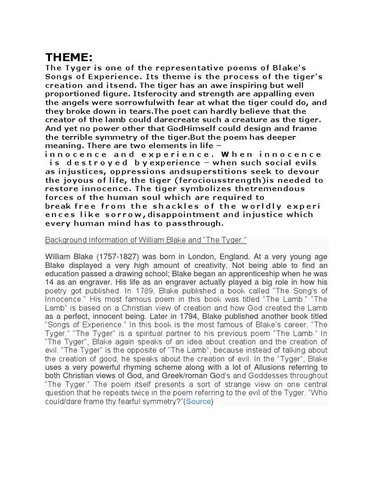 The Tyger: Analysis of William Blake's Poem | PDF | Poetry | Religion ...