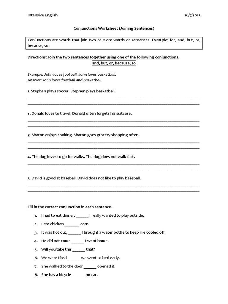 Conjunctions Worksheet: Joining Sentences | PDF