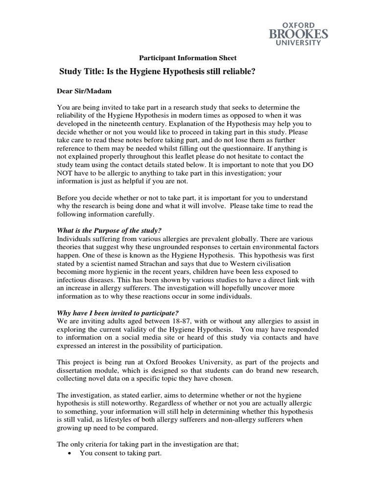 The Hygiene Hypothesis - Participants Information Leaflet | PDF ...