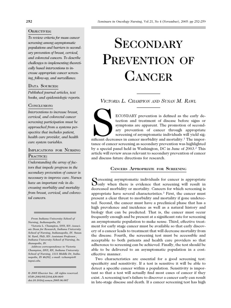 Secondary Prevention of Cancer | PDF | Screening (Medicine ...