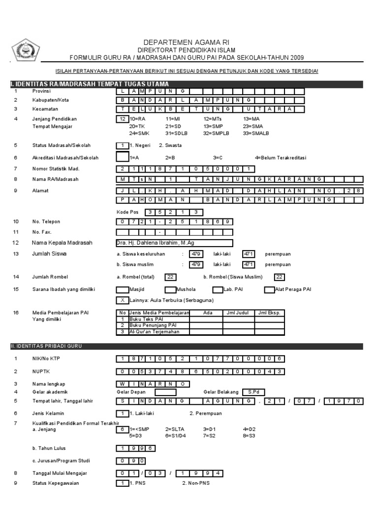 Formulir Pendataan Guru RA Madrasah Dan Guru PAI Pada Sekolah | PDF