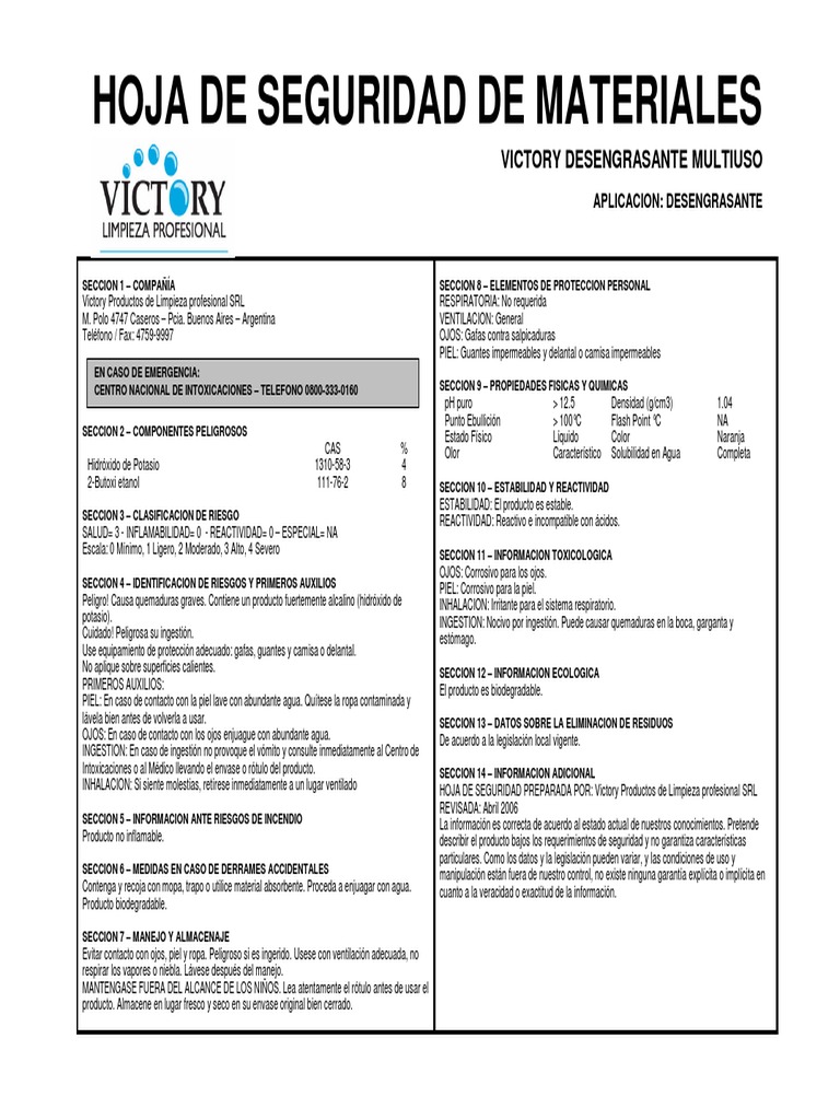 MSDS - Victory Desengrasante Multiuso | PDF | Sustancias químicas | Agua