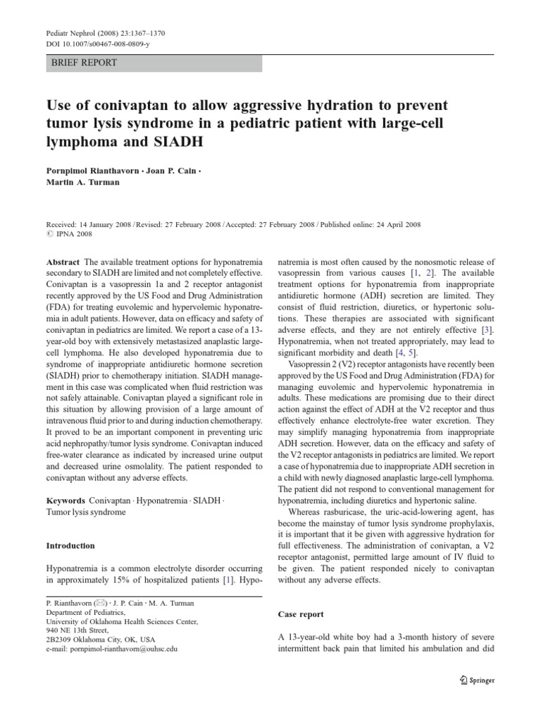 Use of Conivaptan to Prevent Tumor Lysis Syndrome in Pediatric Patient ...