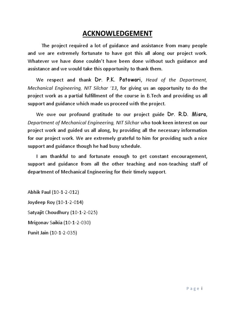 Acknowledgement: Mechanical Engineering, NIT Silchar 13, For Giving Us ...