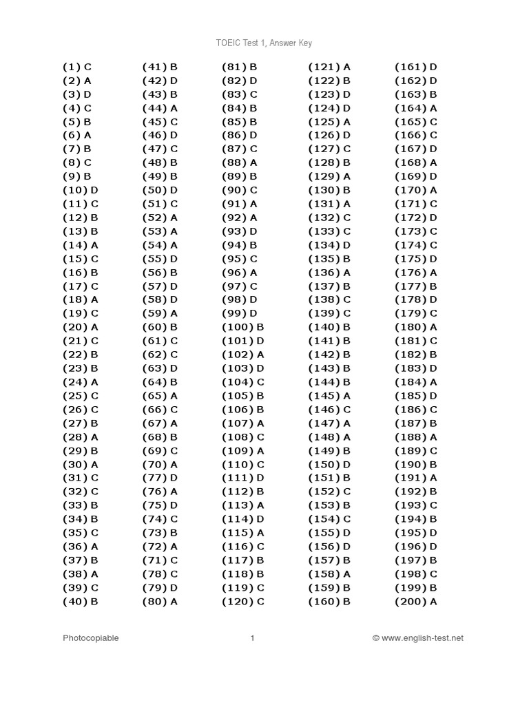 TOEIC Test 1, Answer Key: Photocopiable 1 | PDF