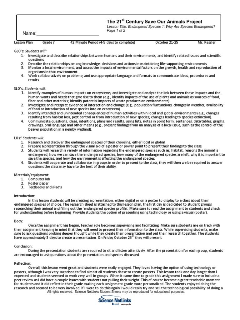 Sample Lesson Plan Endangered Species | PDF | Endangered Species ...