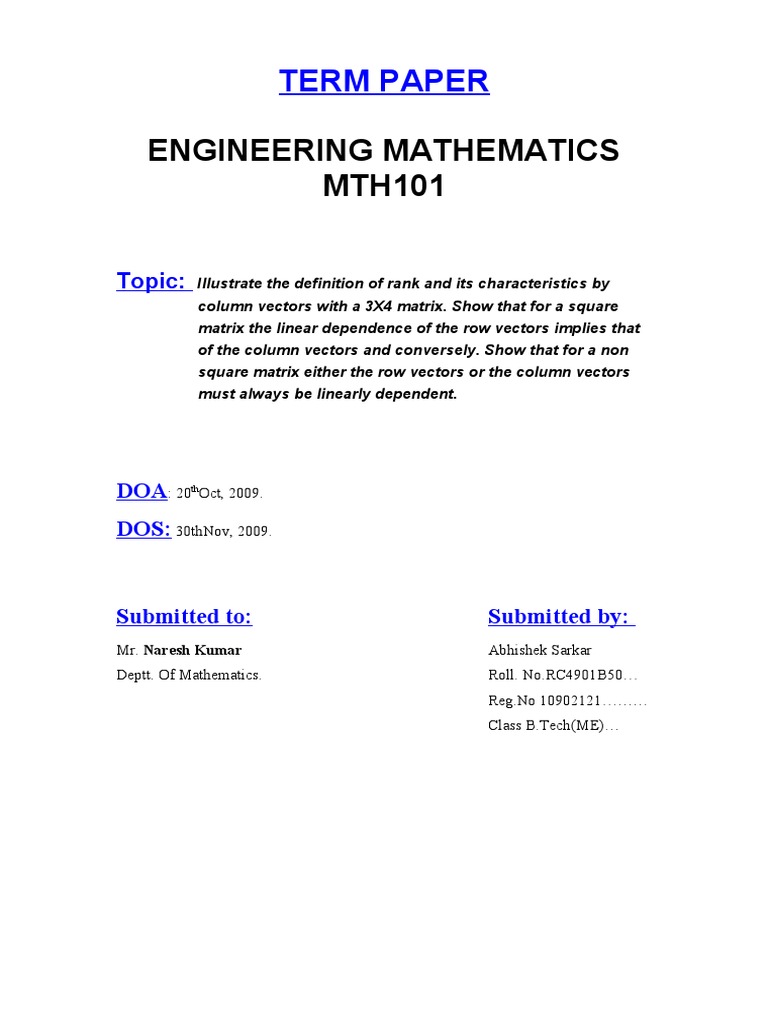 Engineering Mathematics MTH101: Term Paper | PDF | Matrix (Mathematics) | Operator Theory