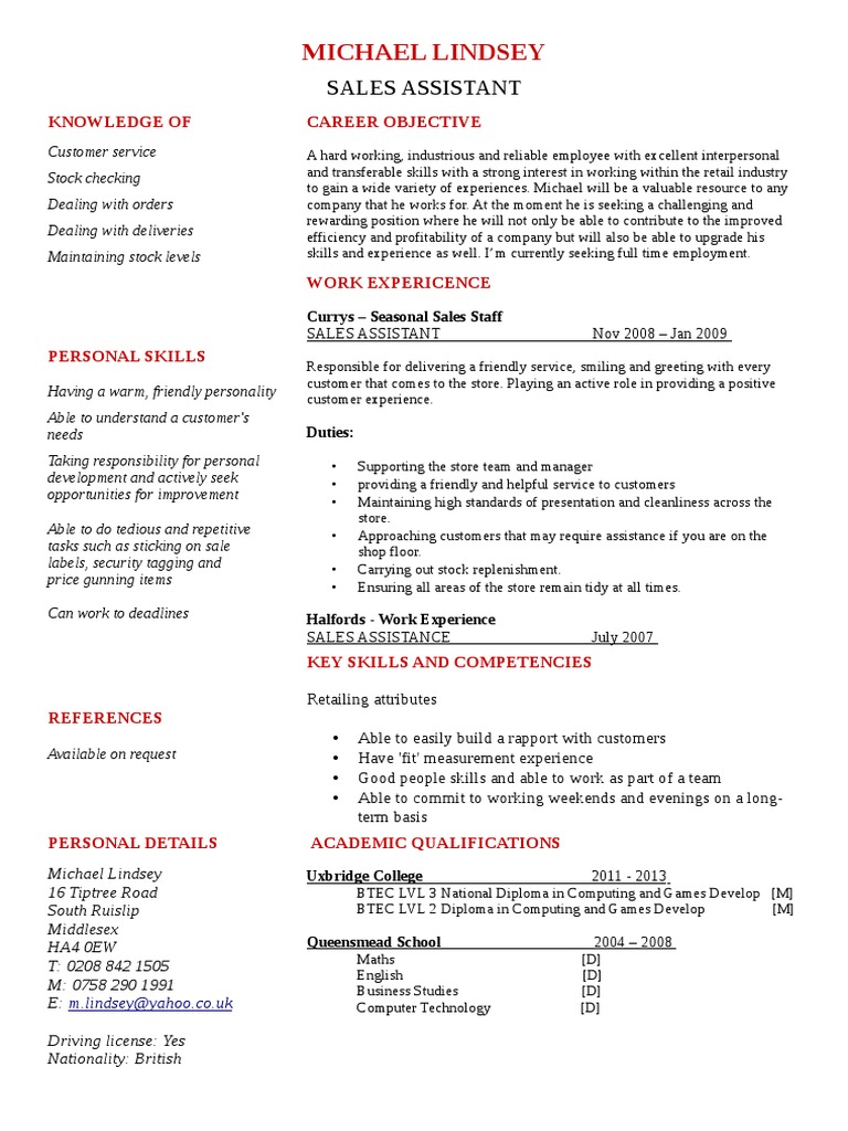 Michael Lindsey: Sales Assistant | PDF