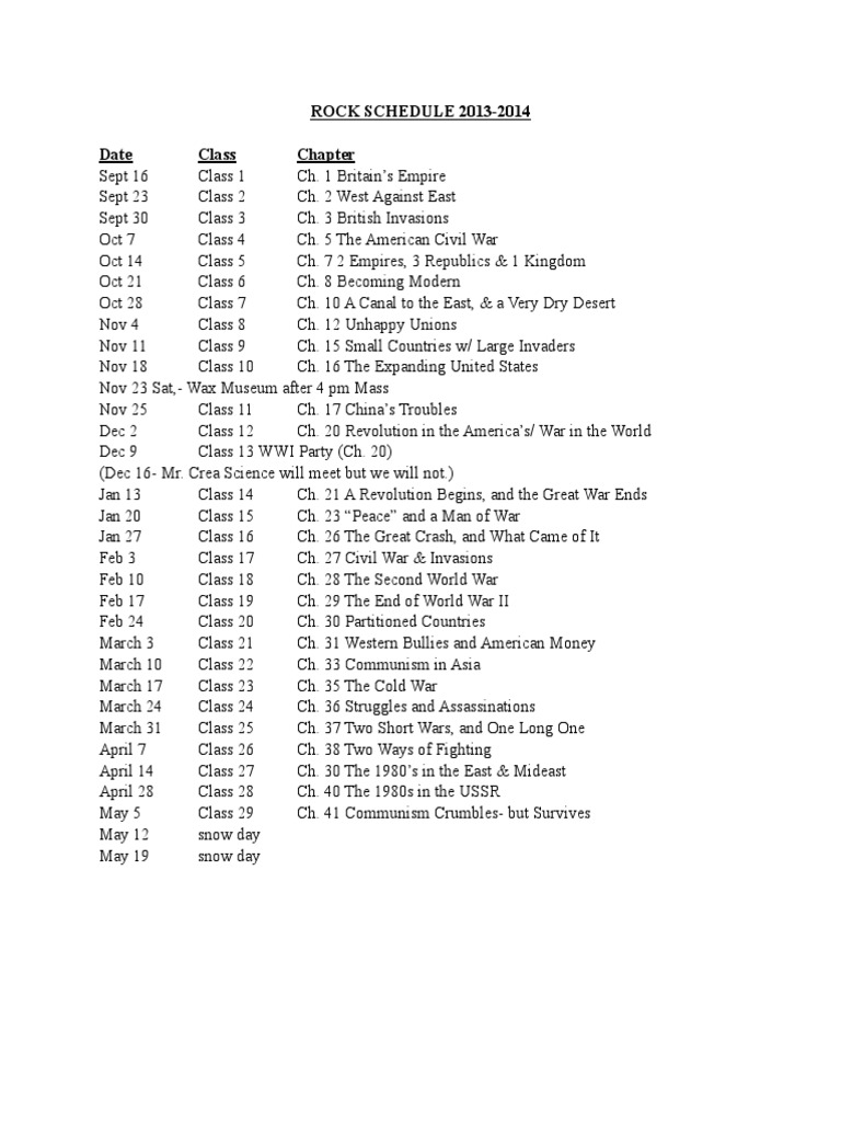 2013-2014 Rock Class Schedule | PDF