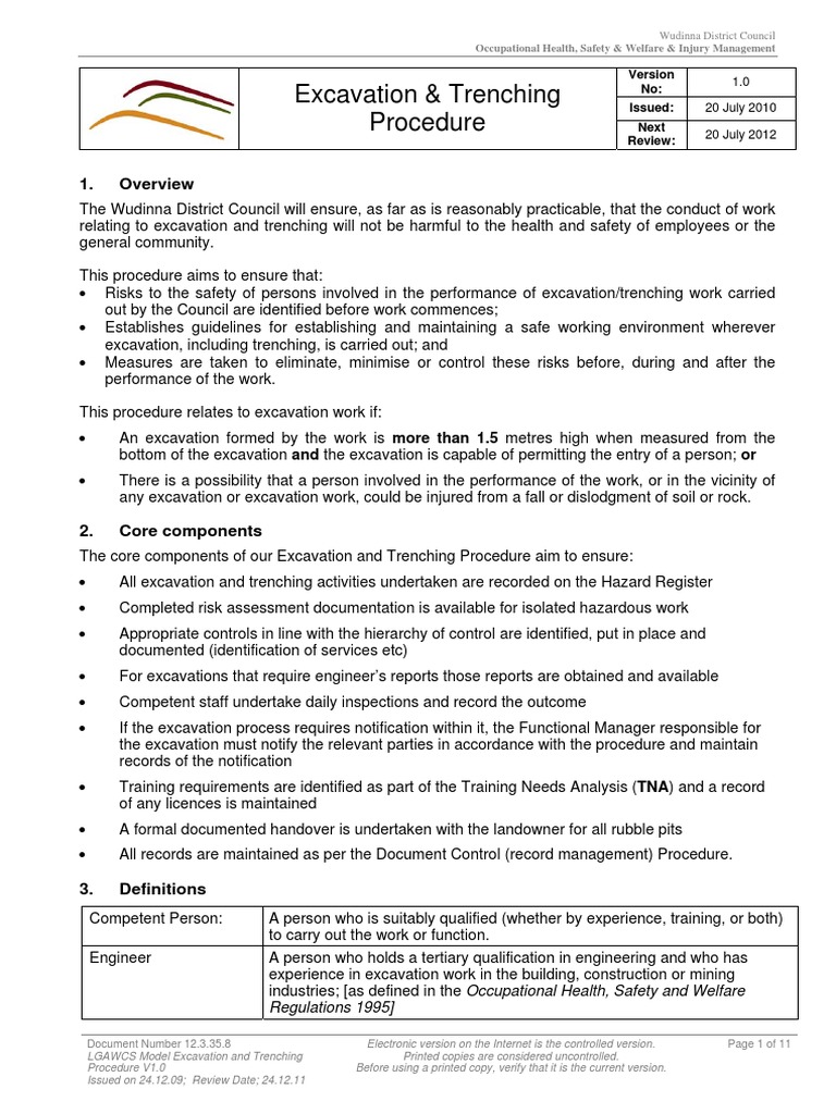 Excavation Trenching Procedure V1 0 Pdf Occupational Safety And