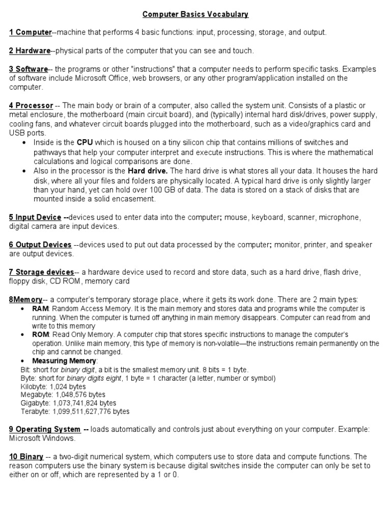Computer Basics Vocabulary List | PDF | Input/Output | Computer Data Storage