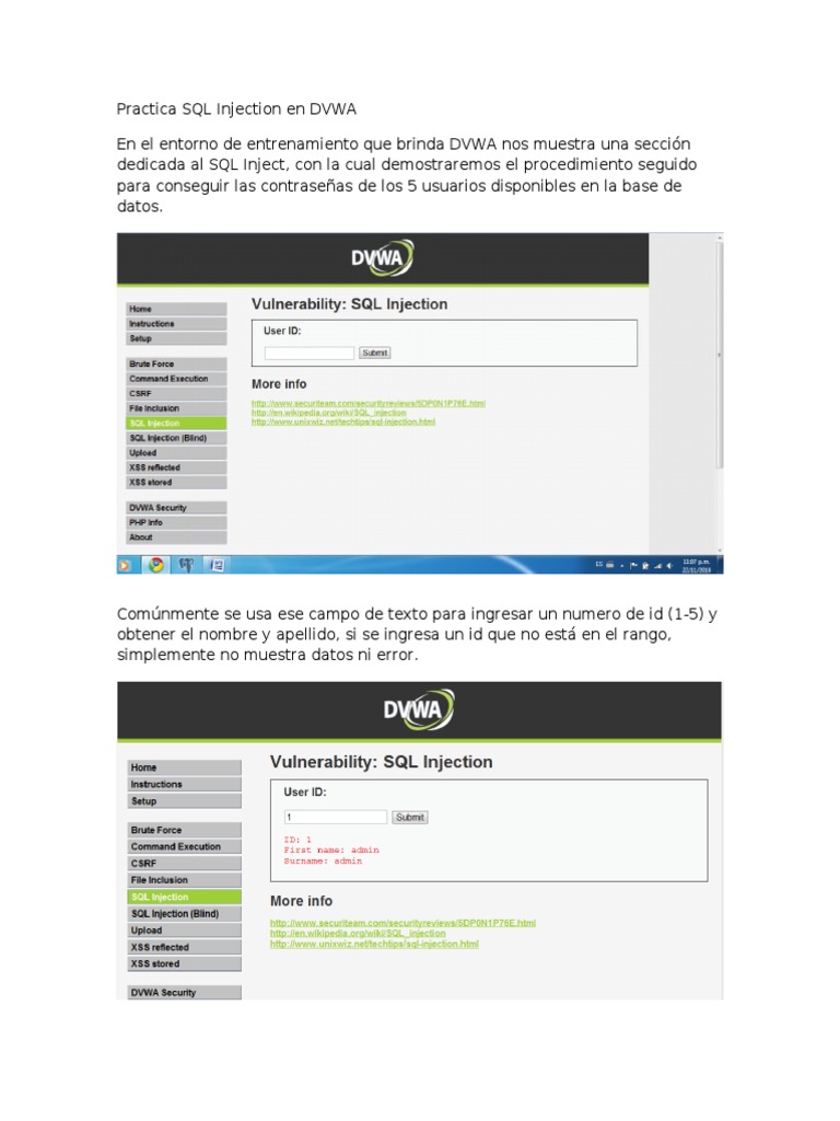 Practica SQL Injection en DVWA | PDF | SQL | Gestión de datos