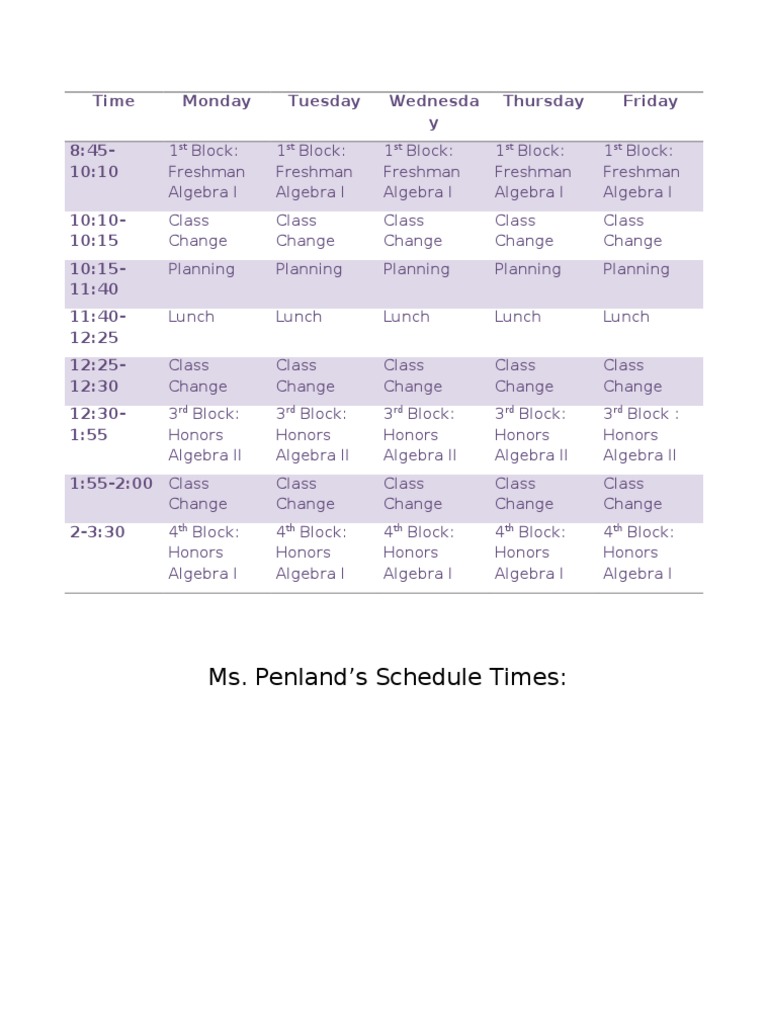 Ms. Penland's Weekly Class Schedule | PDF | Language Arts & Discipline ...