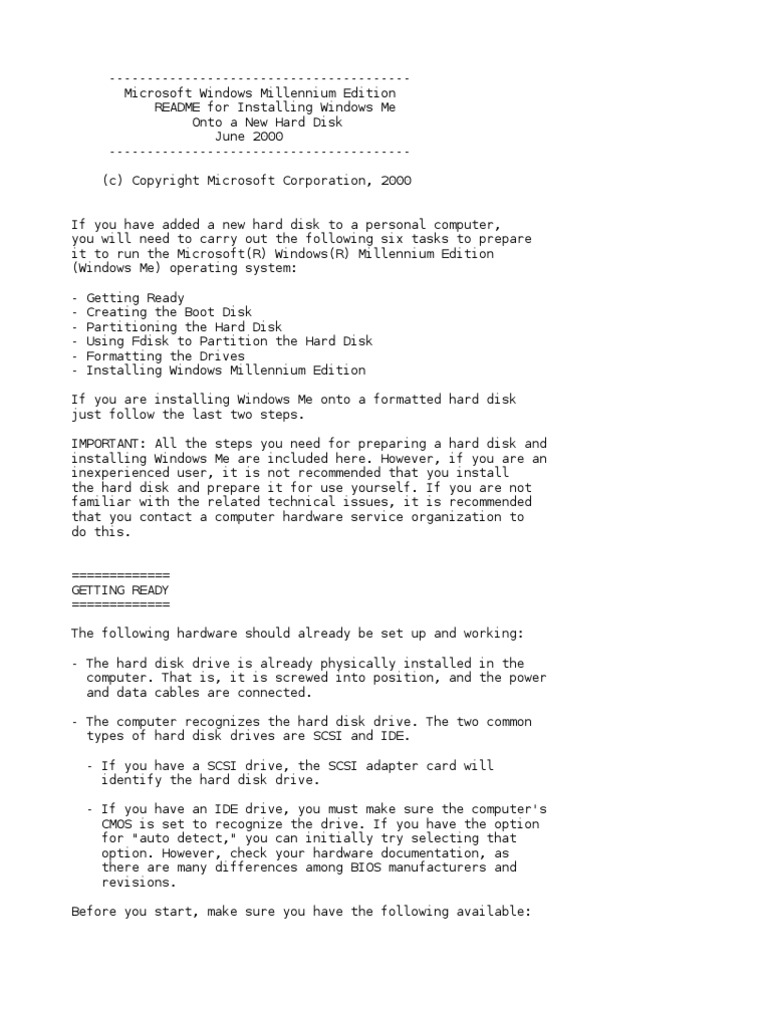 Microsoft Windows Millennium Edition README For Installing Windows Me ...