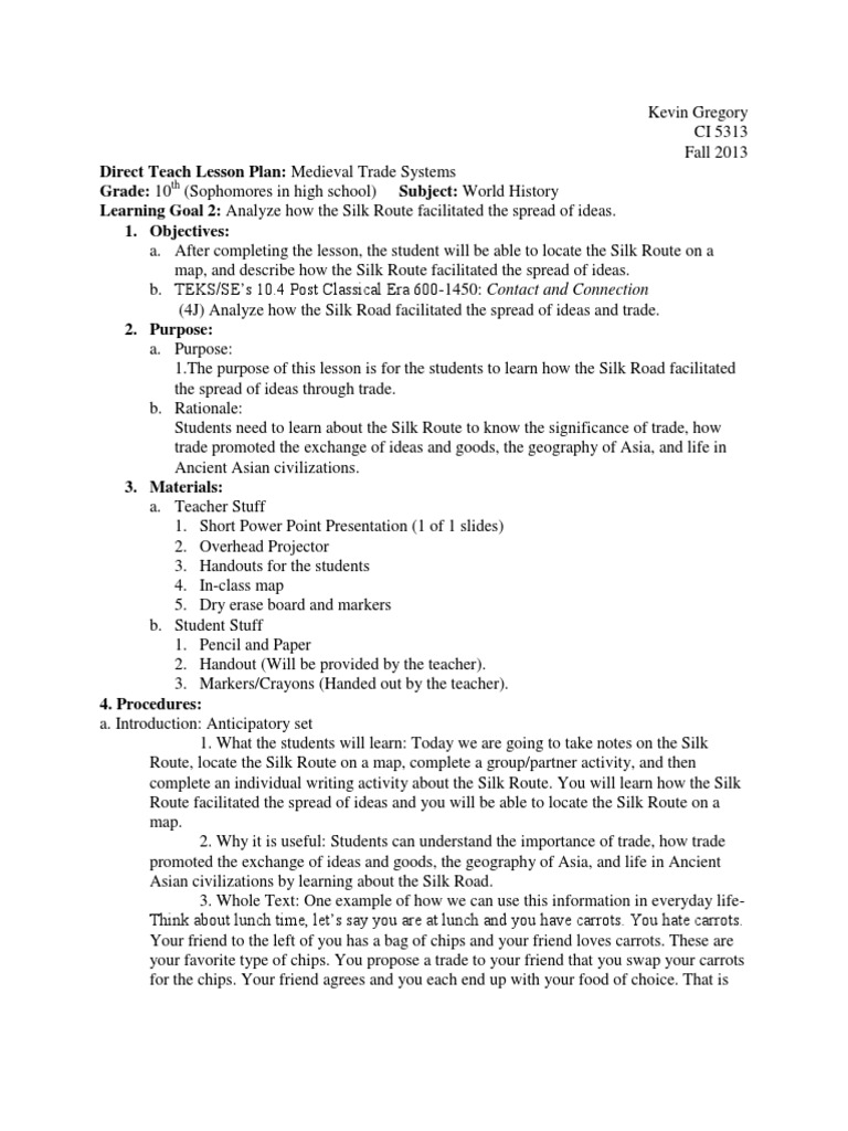 Direct Teach Lesson Plan | PDF | Silk Road | Lesson Plan