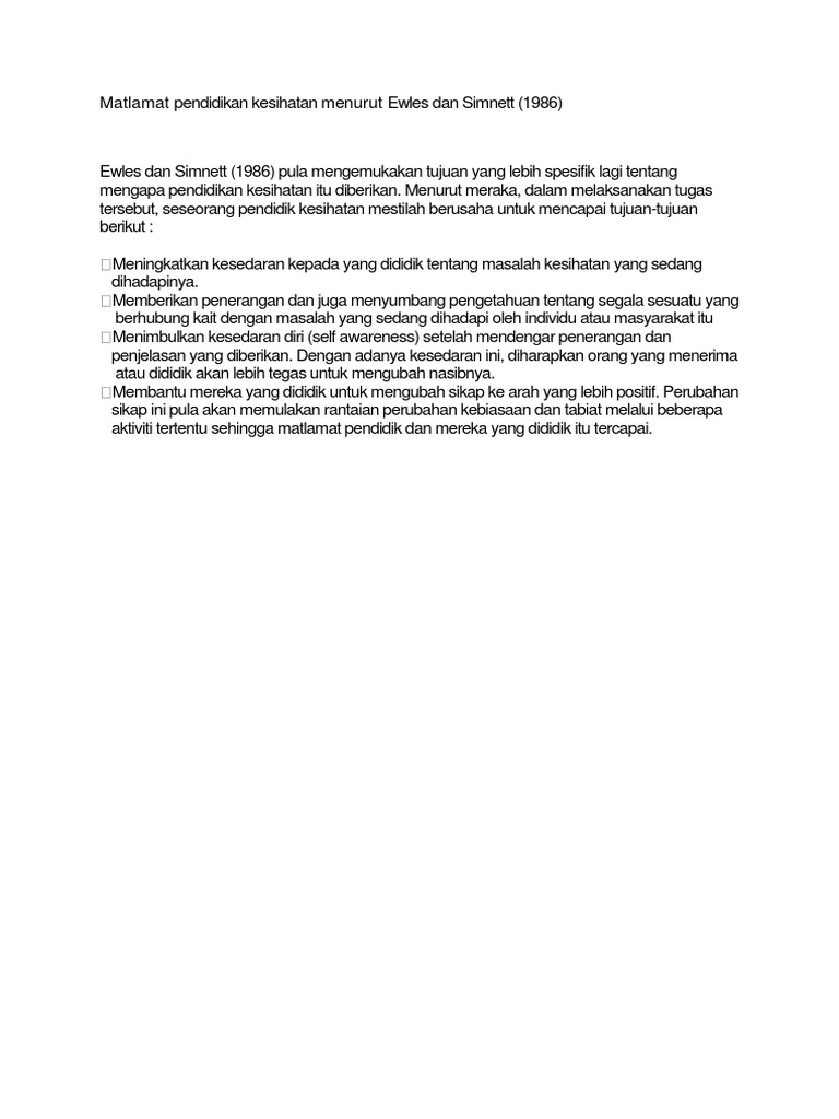 Matlamat Pendidikan Kesihatan Ewles & Simnett | PDF