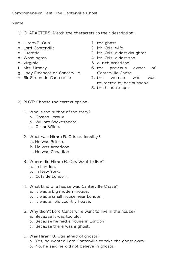 Canterville Ghost Comprehension Test | PDF | Ghosts | Undead