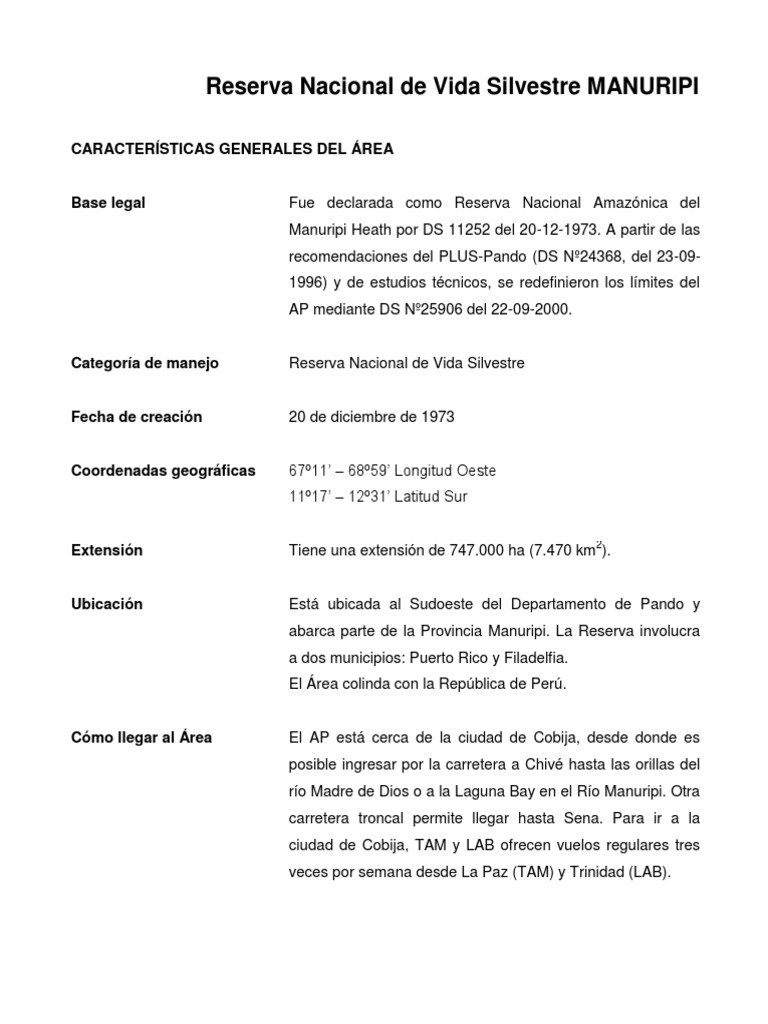 Parques Nacionales de Bolivia Reserva Nacional de Vida Silvestre ...