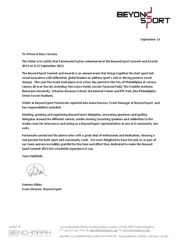 Beyond Sport Recommendation Letter | PDF