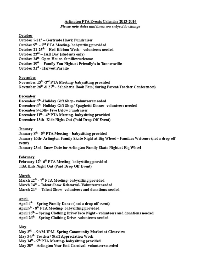 Calendar of Pta Events | PDF