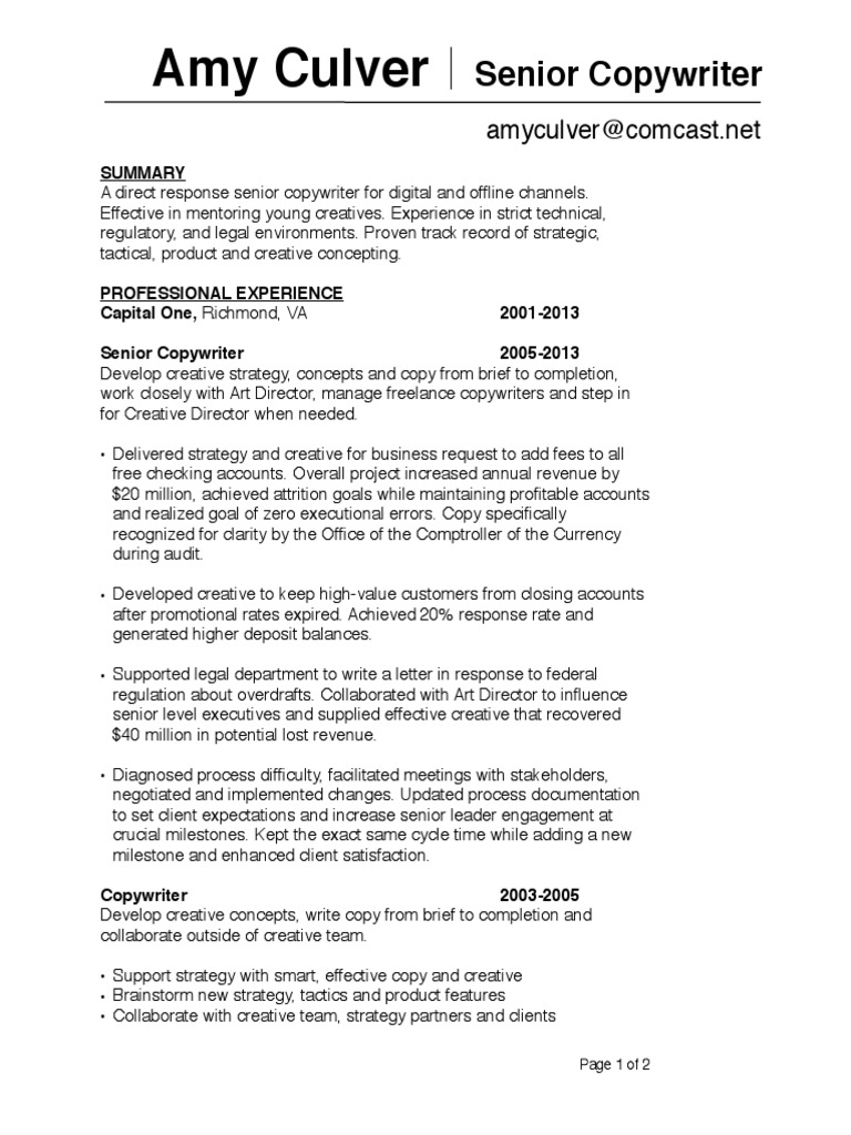 Amy Culver Senior Copywriter | PDF | Copywriting | Proofreading