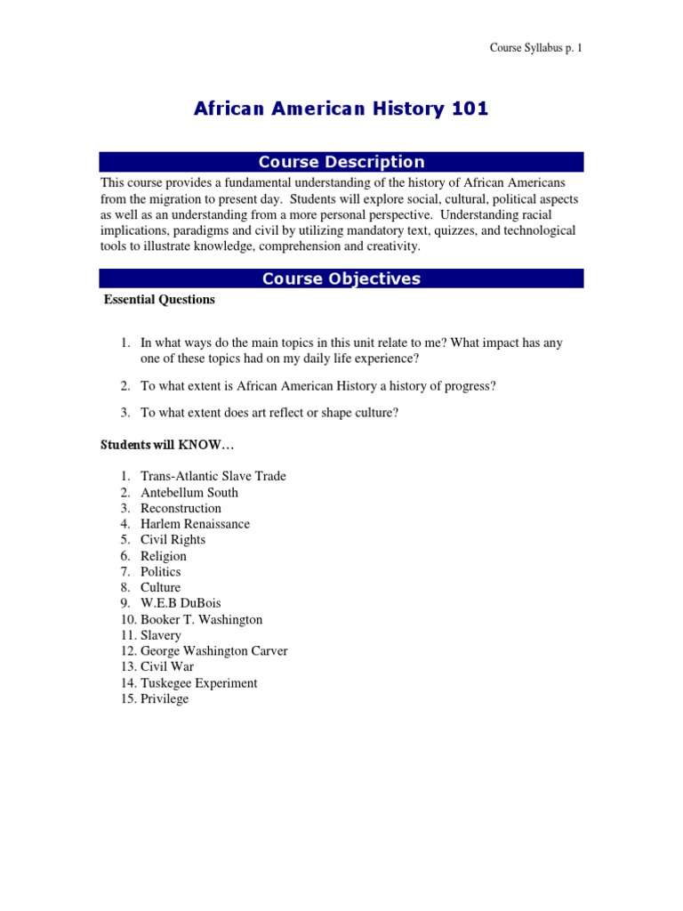 African American History 101 Syllabus | PDF | Lesson Plan | African ...