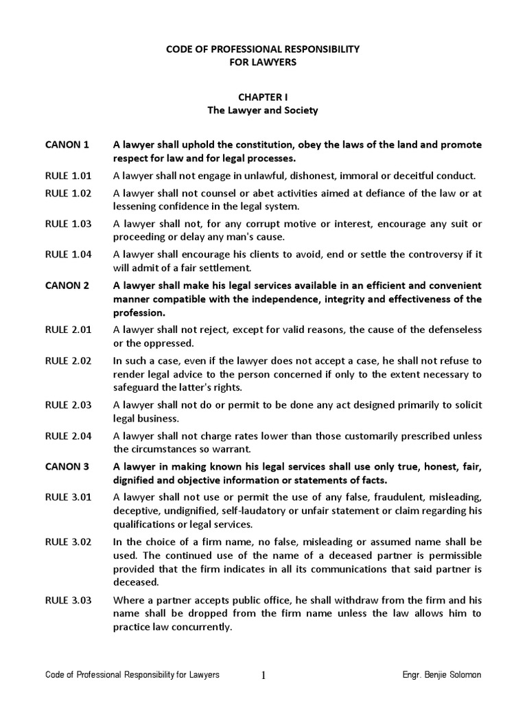 Code of Professional Responsibility For Lawyers | PDF | Practice Of Law ...