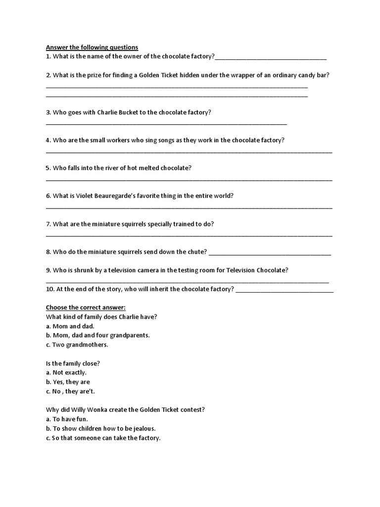 Willy Wonka Chocolate Factory Quiz | PDF | Sugar Confectionery ...