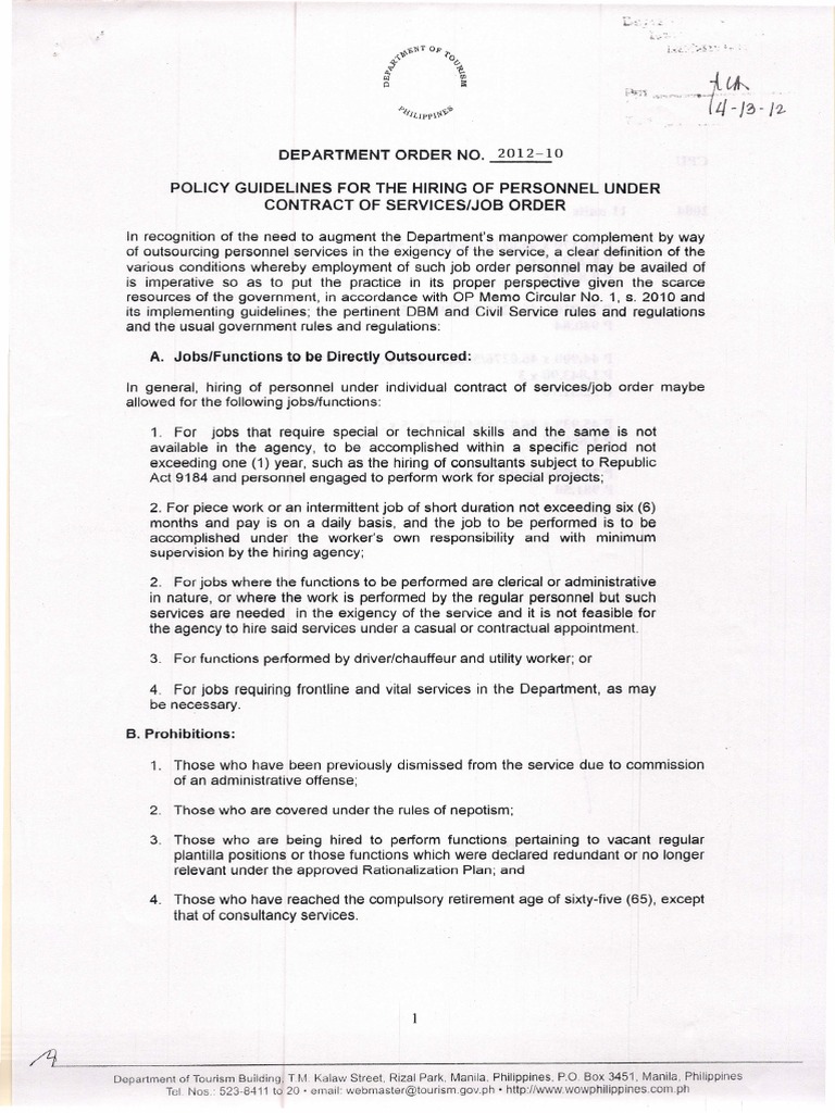 Policy Guidelines For Hiring of Personnel Under COS, Job Order (DOT ...