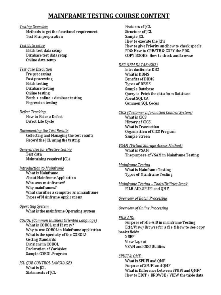 Mainframe Testing ToC | PDF