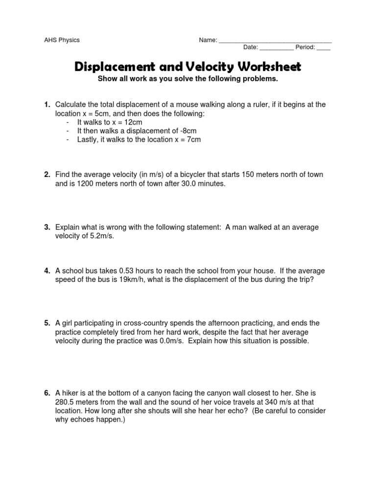 Displacement and Velocity Worksheet | PDF | Speed | Quantity