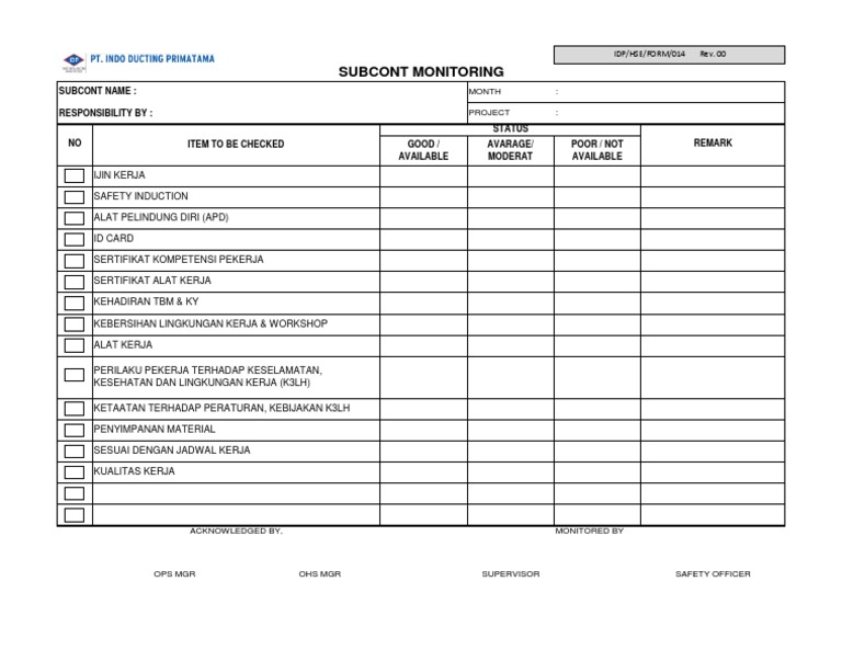 Subcont Monitoring: IDP/HSE/FORM/014 Rev. 00 | PDF | Technology & Engineering