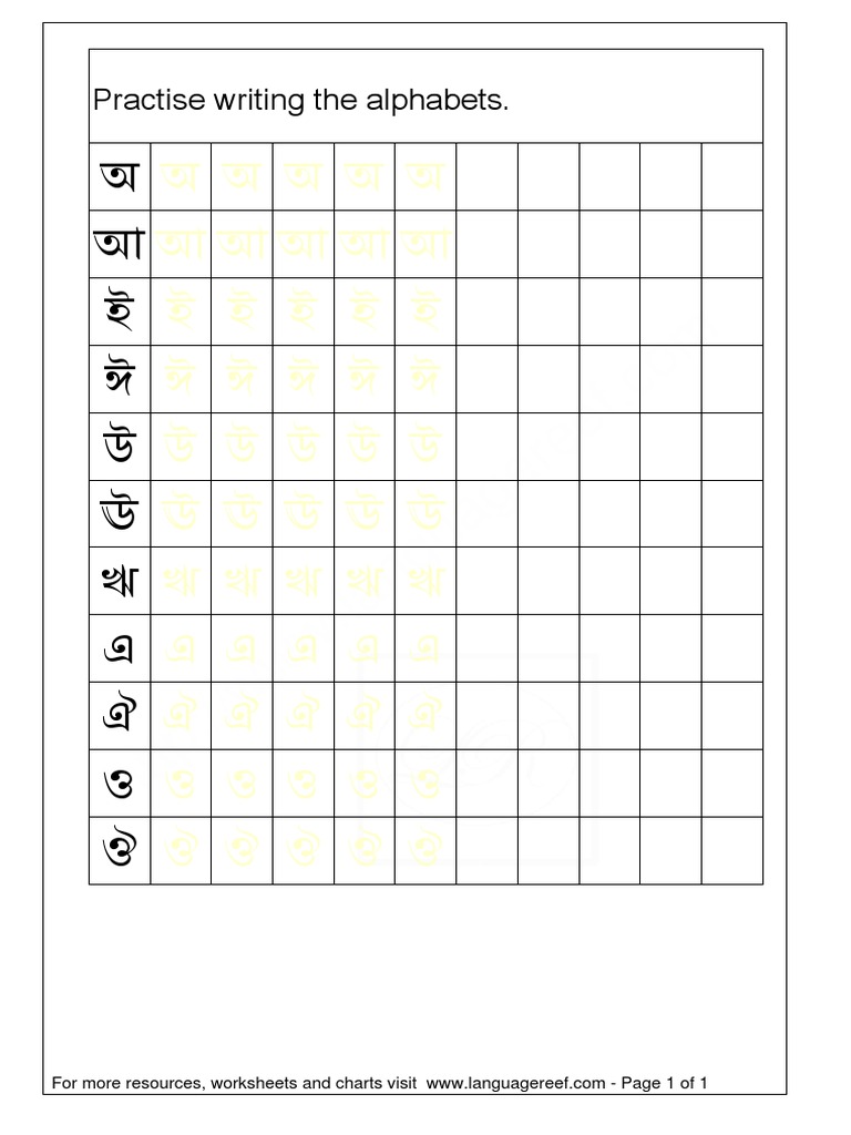 Bengali Vowel Worksheet | PDF