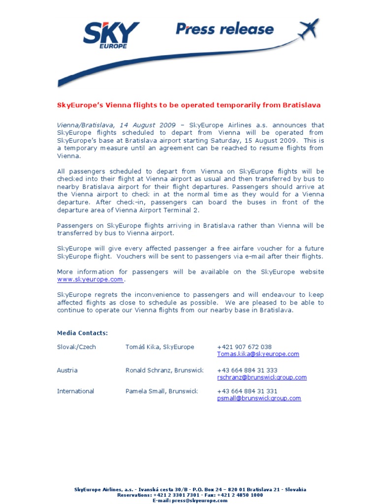 SkyEurope Vienna Flights Shifted | PDF